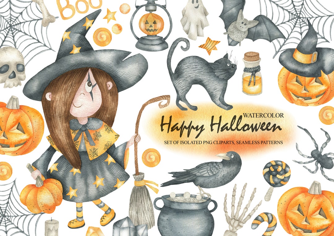 Watercolor Halloween Clipart, Witch Clip Art, Pumpkin, Fall, Holiday ...