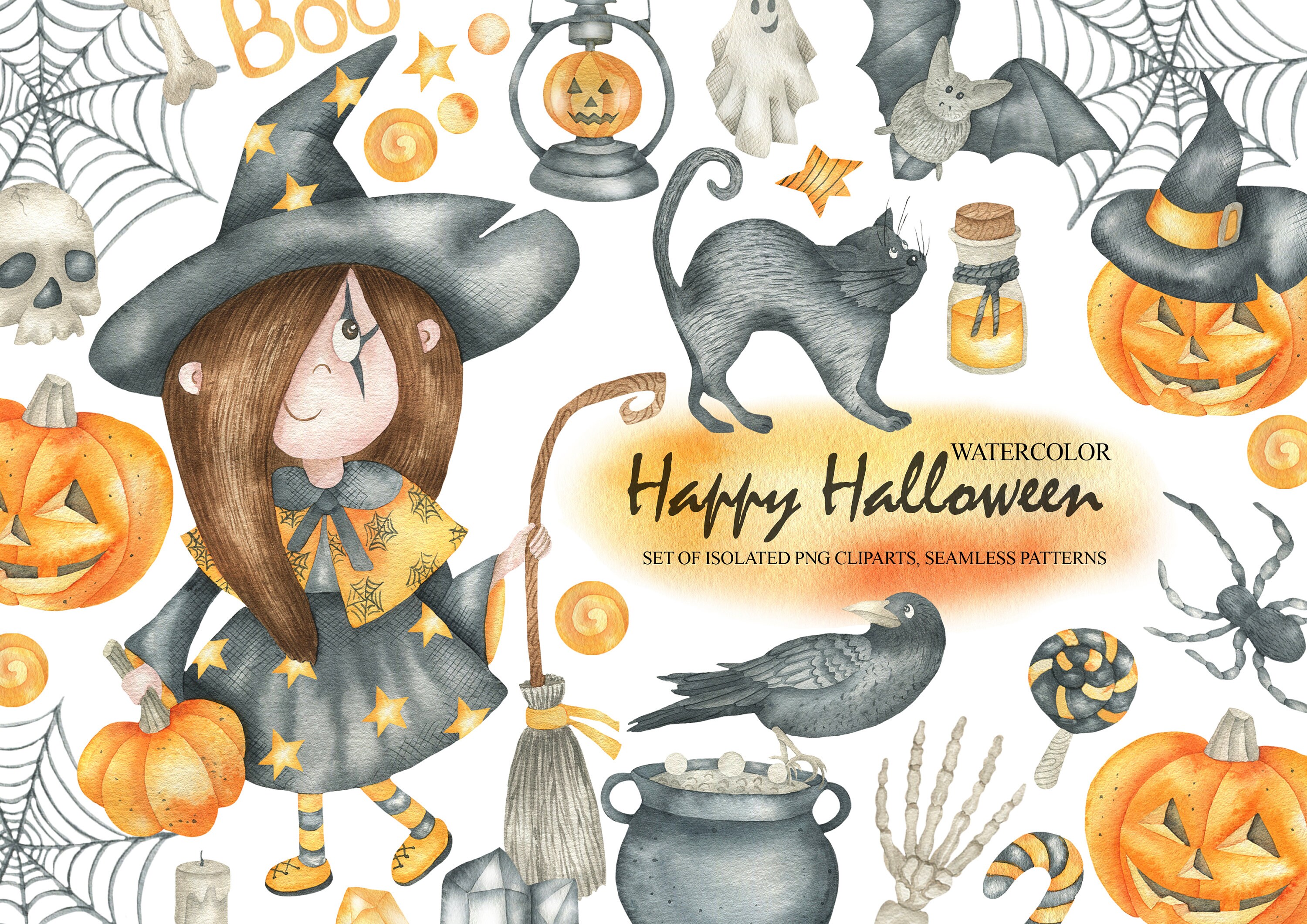 Watercolor Halloween Clipart, Witch Clip Art, Pumpkin, Fall, Holiday ...