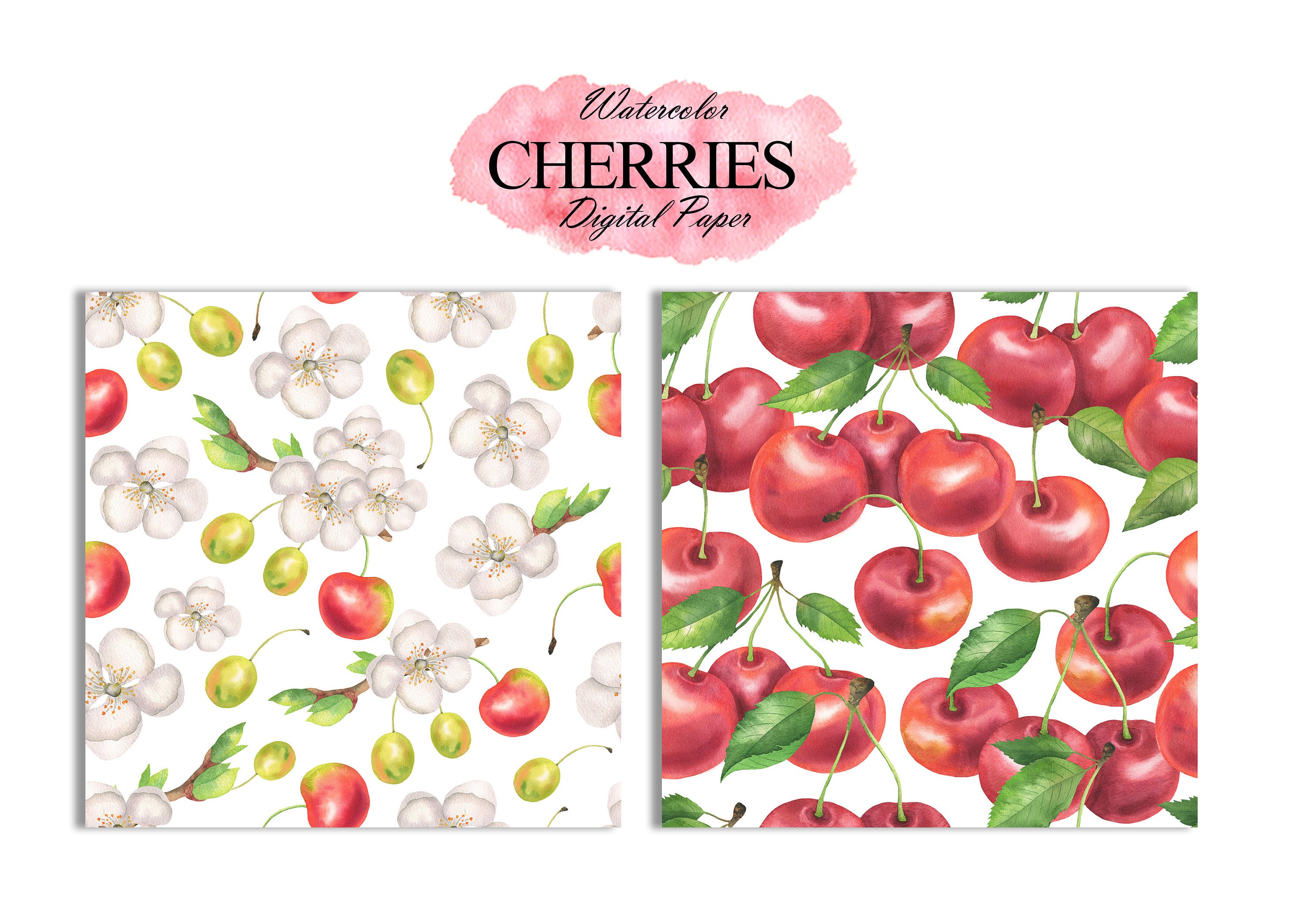 Watercolor Cherry Digital Paper Cherries Seamless Pattern - Etsy