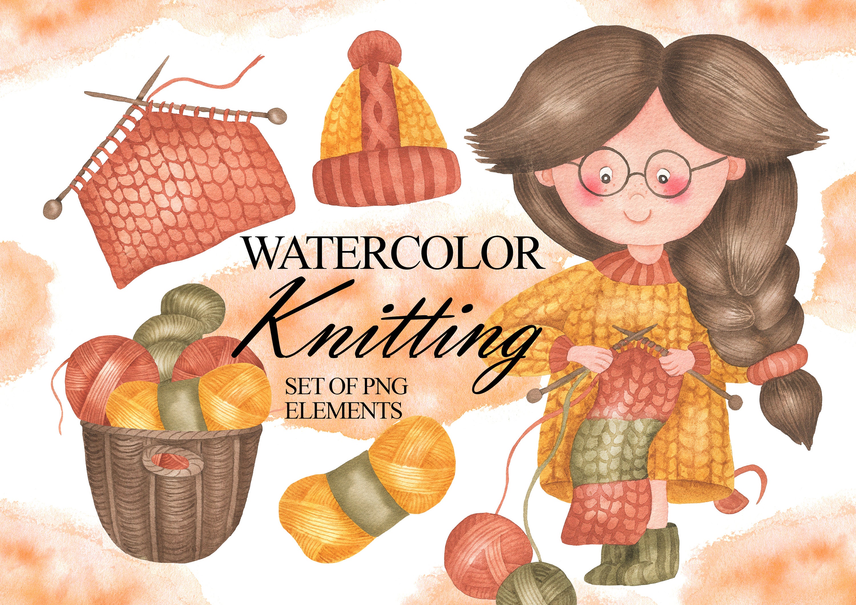 Watercolor Knitting Clip Art, Knitter Character Clipart, Needlework ...