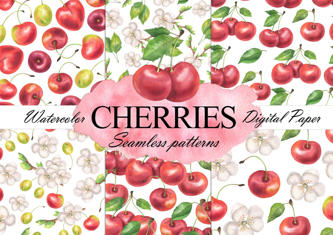 Watercolor Cherry Digital Paper, Cherries Seamless Pattern ...