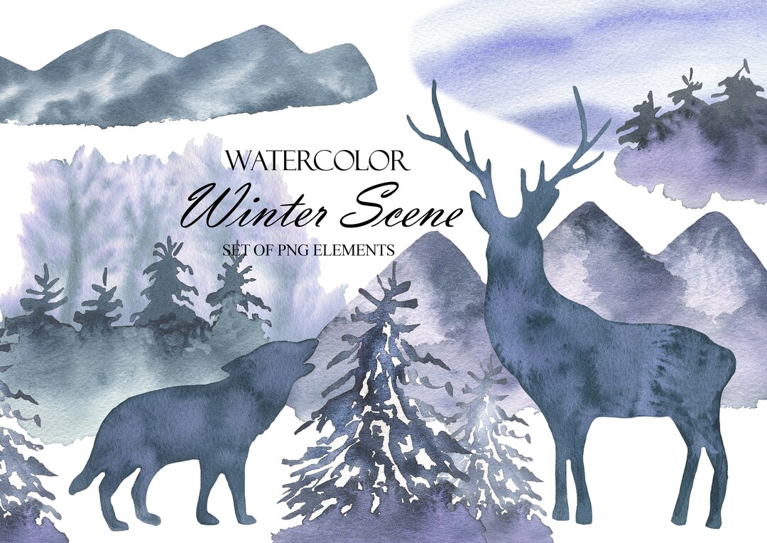 Winter Landscape Watercolor Clipart, Winter Woodland Clip Art ...
