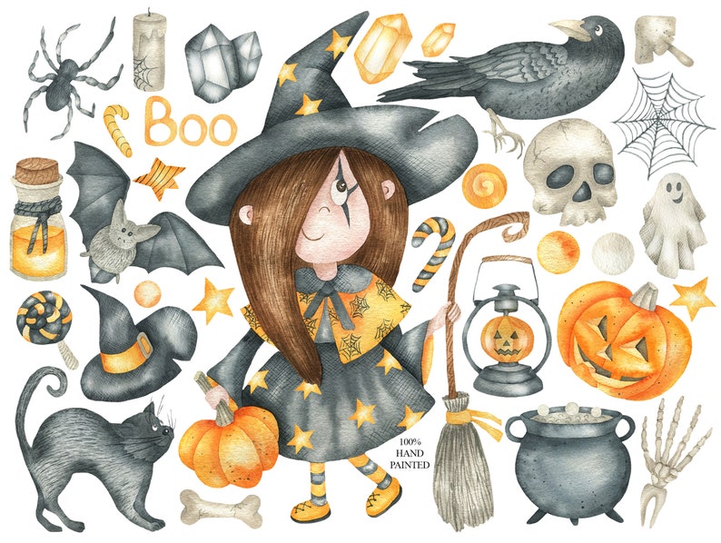 Watercolor Halloween Clipart, Witch Clip Art, Pumpkin, Fall, Holiday ...