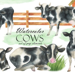 Watercolor Cow Clipart, Cattle Clip Art, Calf Clipart, Dairy Cows, Farm ...