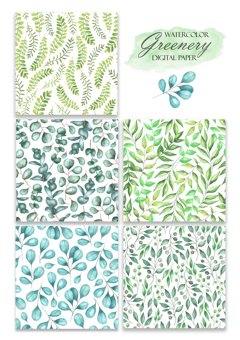 Watercolor Greenery Digital Paper, Green Leaves Seamless Pattern ...