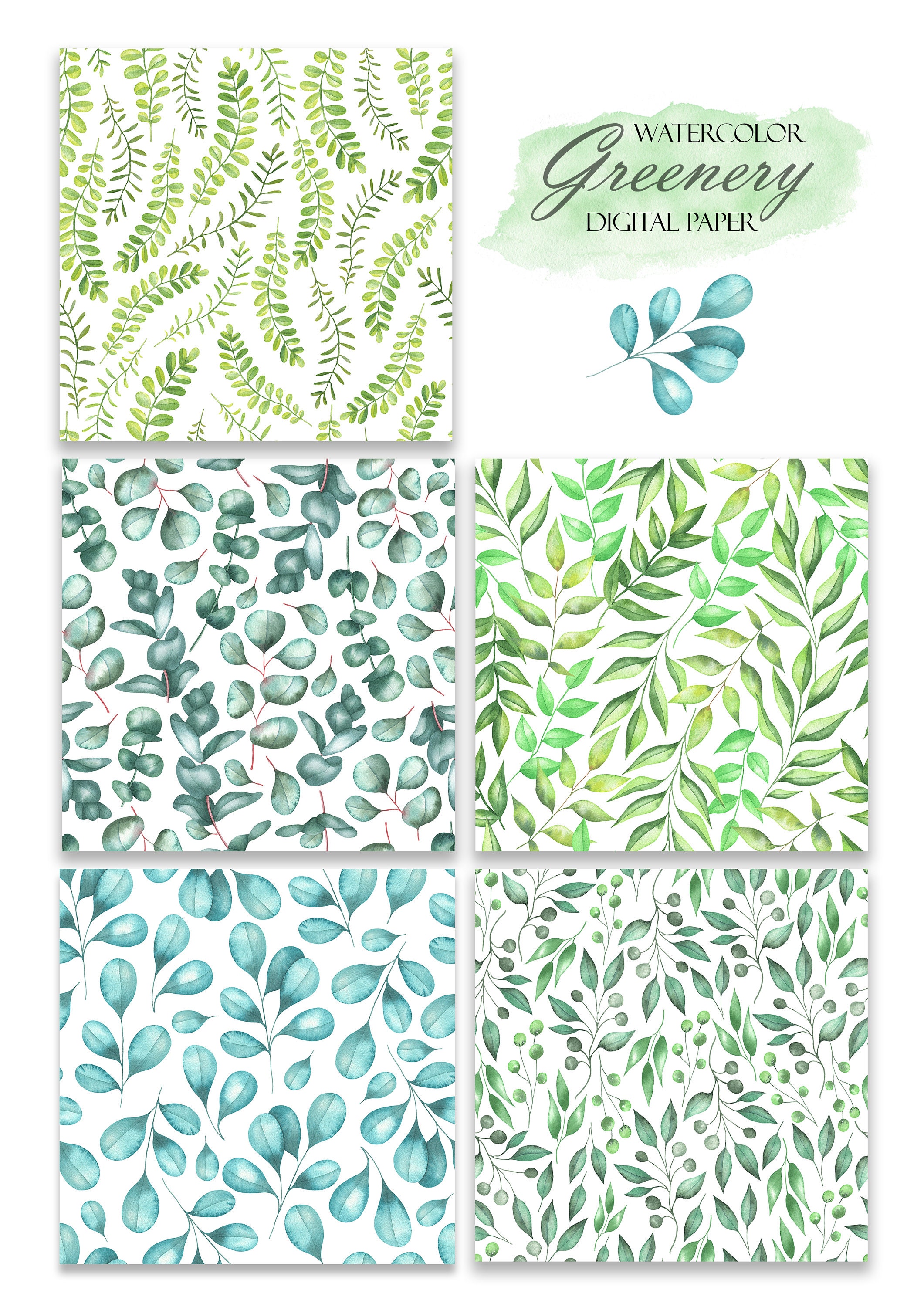 Watercolor Greenery Digital Paper, Green Leaves Seamless Pattern ...