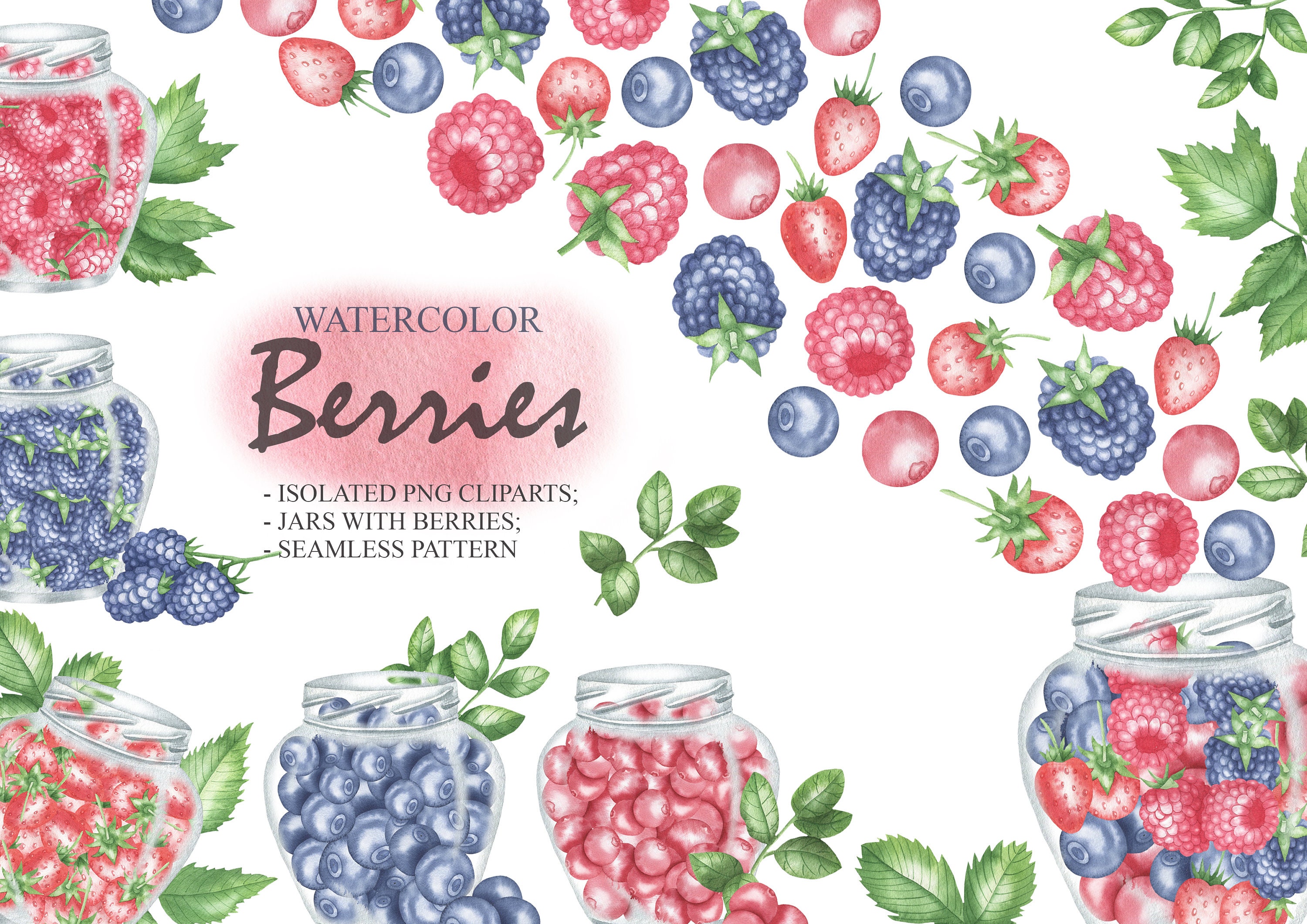 Watercolor Berries Clipart Summer Fresh Blueberries - Etsy