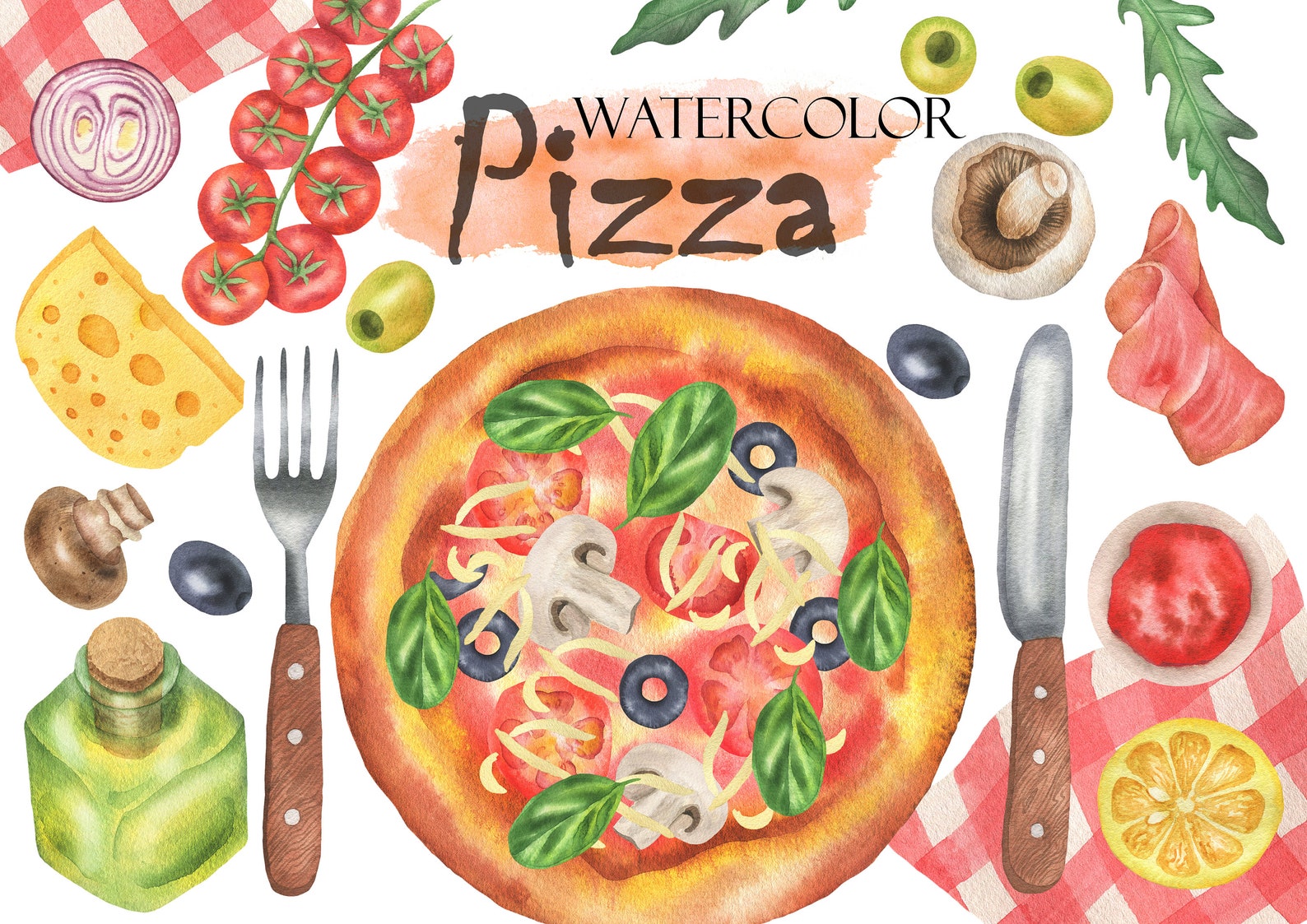 Watercolor Pizza Clipart, Pizza Ingredients Clip Art, Make Your Own ...