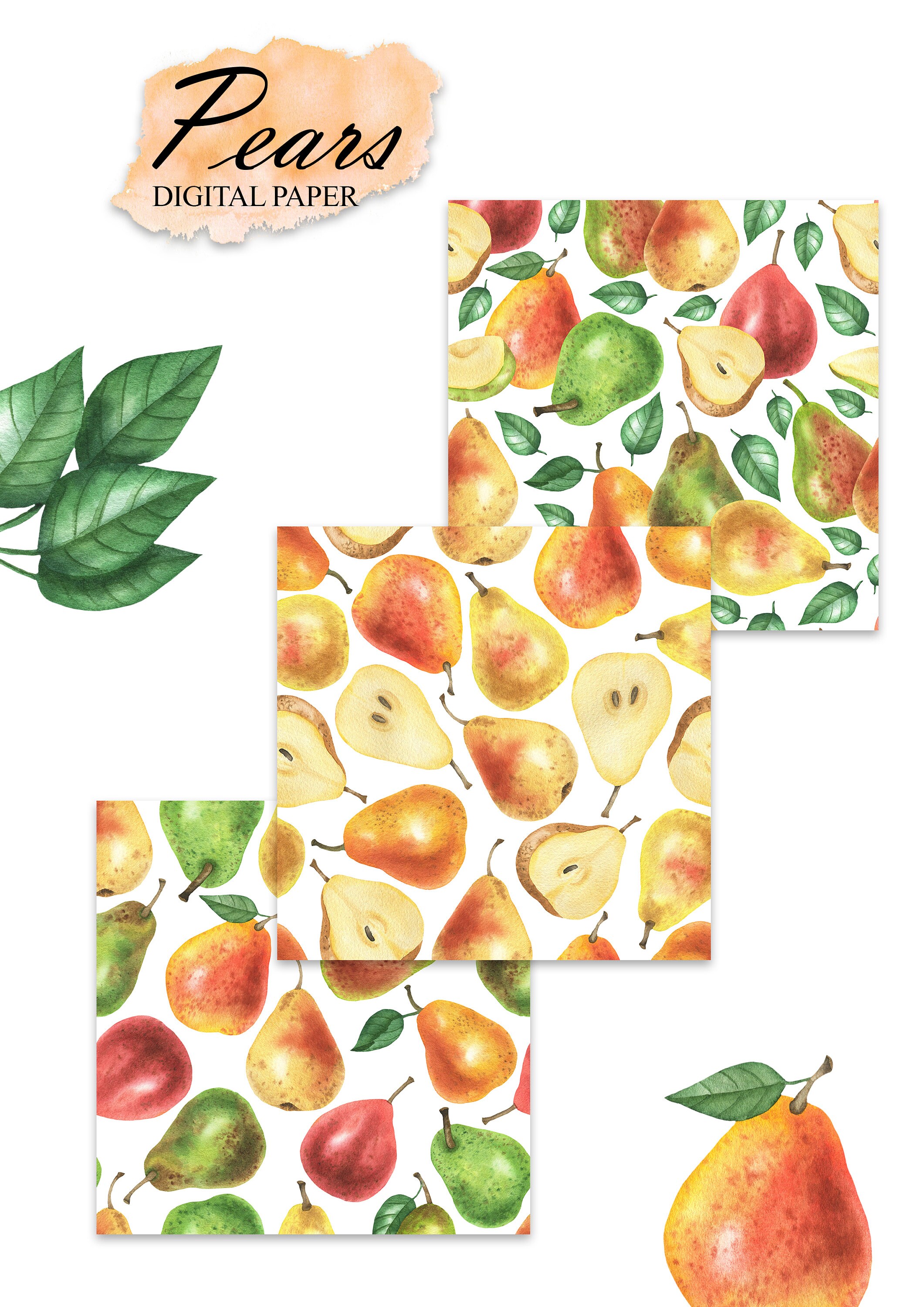 Watercolor Pears Digital Paper, Pear Seamless Pattern, Fruit Paper ...