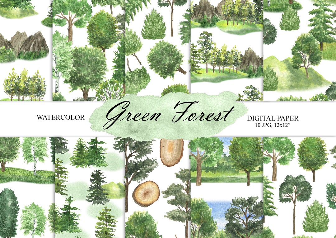 Watercolor Green Forest Digital Paper, Woodland Scrapbook Patterns (JPG ...