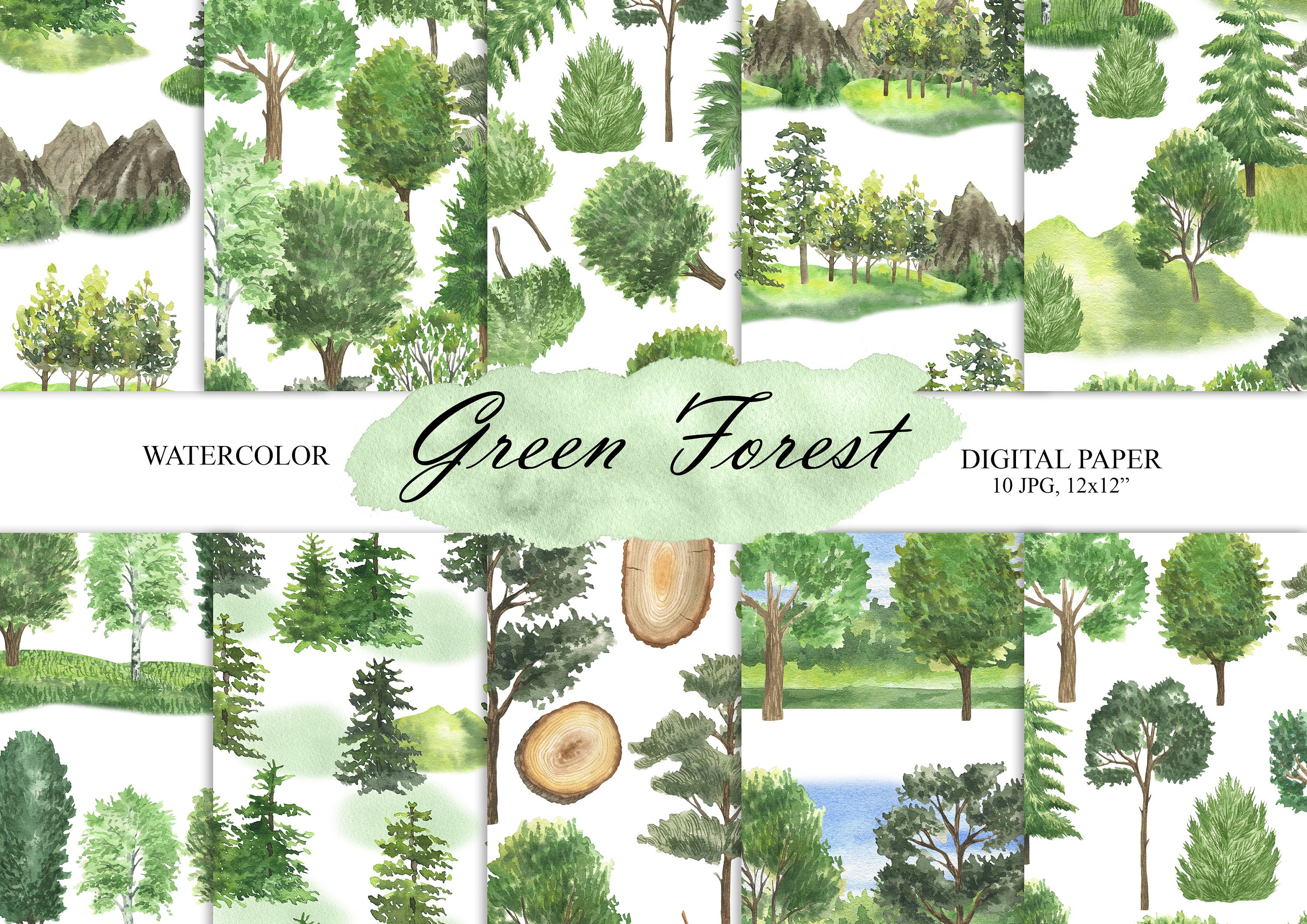 Green Forest Digital Paper, Watercolor Woodland Pine Trees Landscapes ...