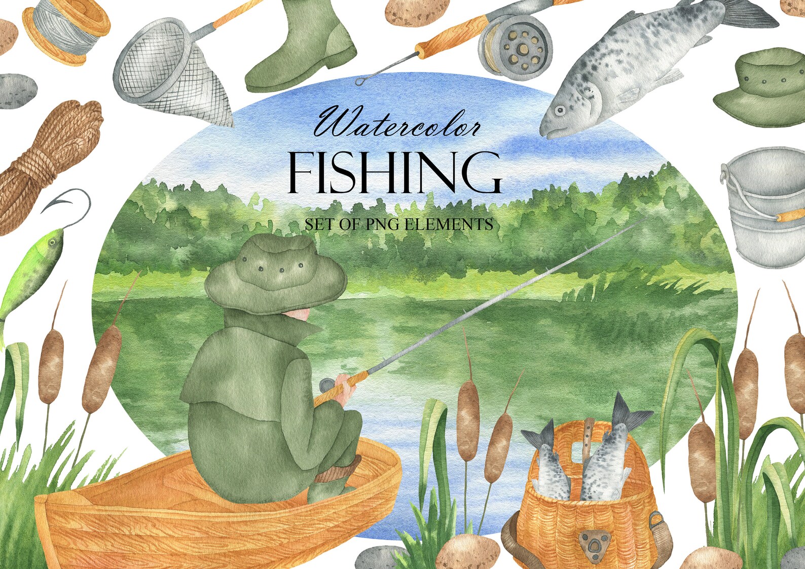 Watercolor Fishing Clipart, Summer Outdoors Activities, Lake Landscapes ...
