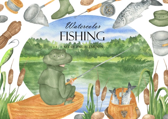 Watercolor Fishing Clipart Summer Outdoors Activities Lake - Etsy