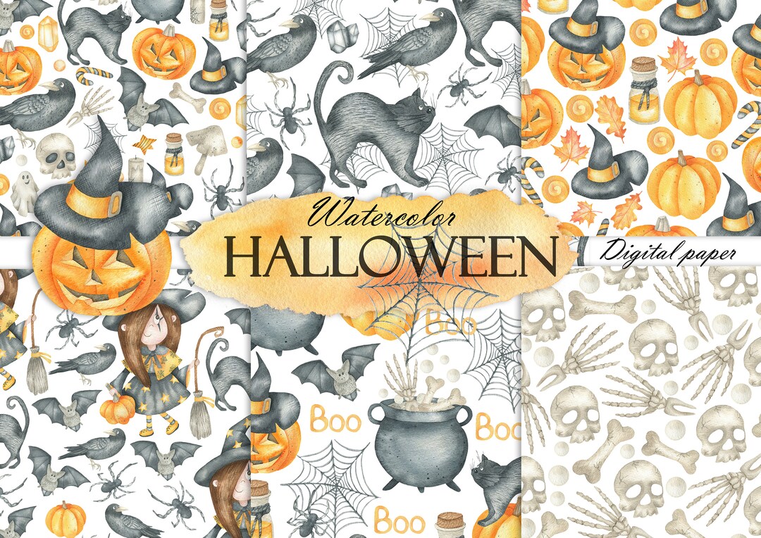 Watercolor Halloween Digital Paper, Halloween Seamless Patterns, Happy ...
