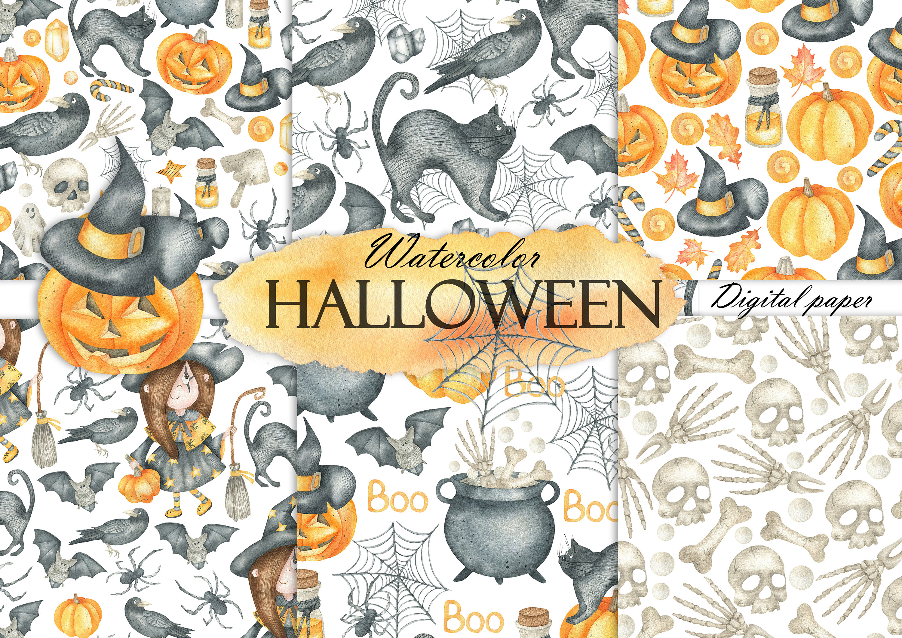 Watercolor Halloween Digital Paper, Halloween Seamless Patterns, Happy ...