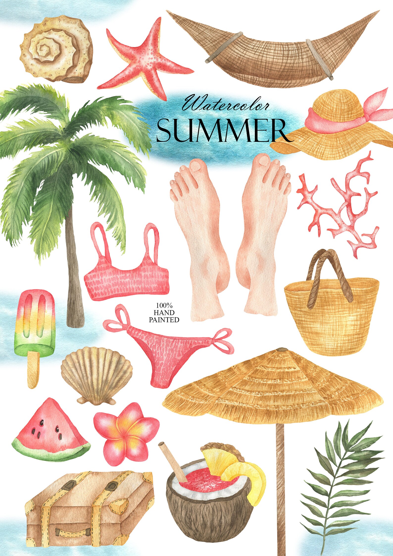 Watercolor Summer Beach, Vacation Clip Art, Travel Clipart, Tropical ...