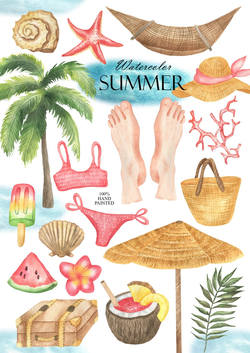 Watercolor Summer Beach, Vacation Clip Art, Travel Clipart, Tropical ...