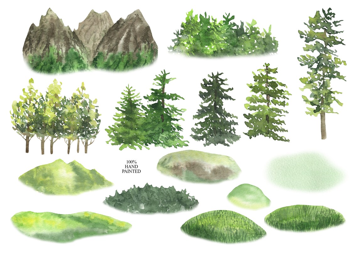 Watercolor Forest Tree Clipart, Woodland Pine Trees, Landscapes ...