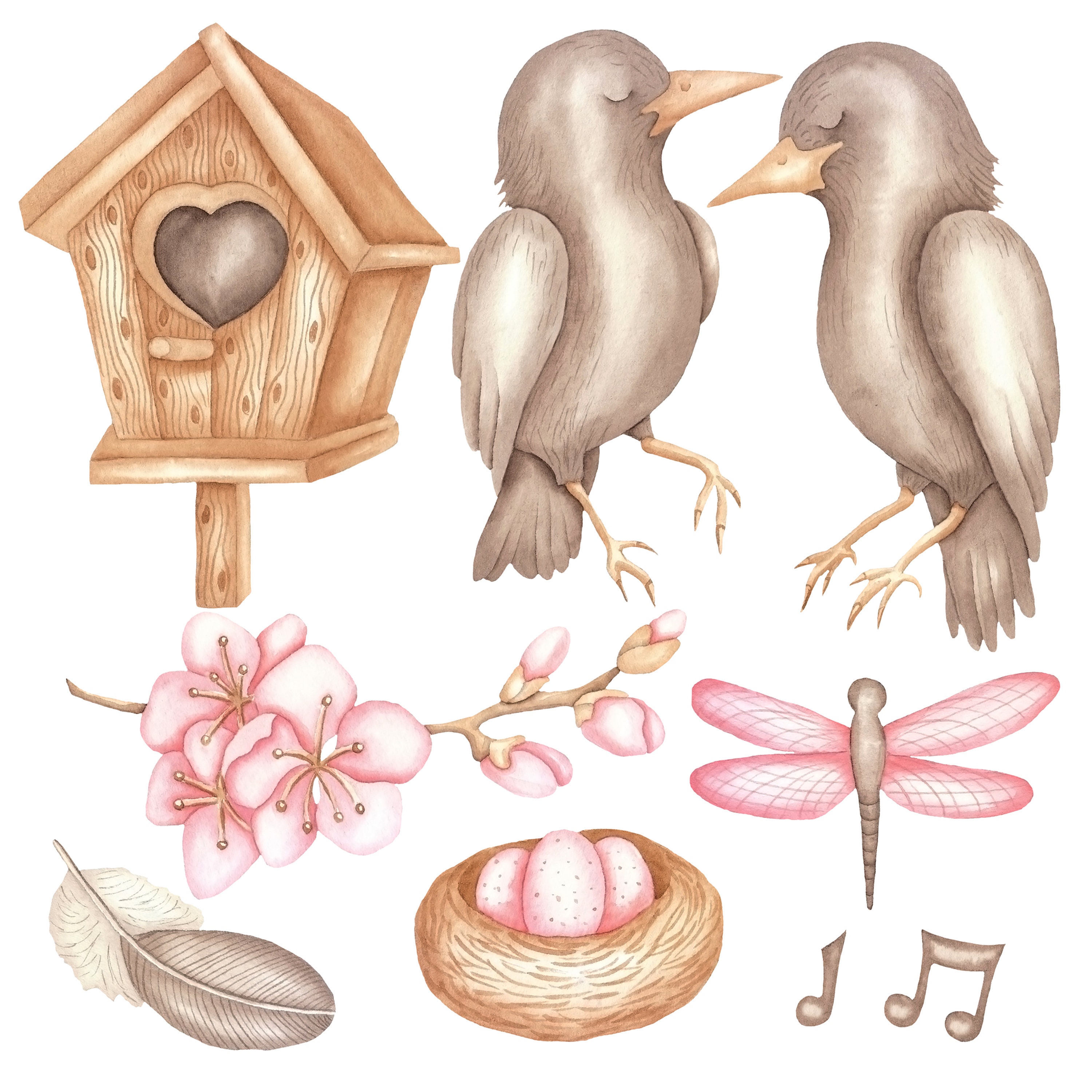 Watercolor Spring Birds Clipart, Hand Painted Spring Holiday, Floral ...