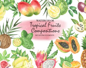 Watercolor Tropical Fruit Clipart Summer Fresh Mango Banana | Etsy