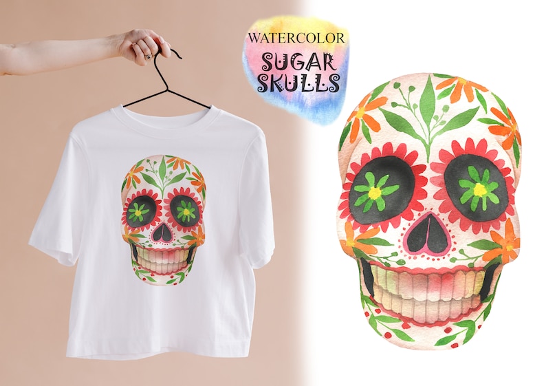 Sugar Skulls Watercolor Clip Art, Day of the Dead, Sugarskull ...