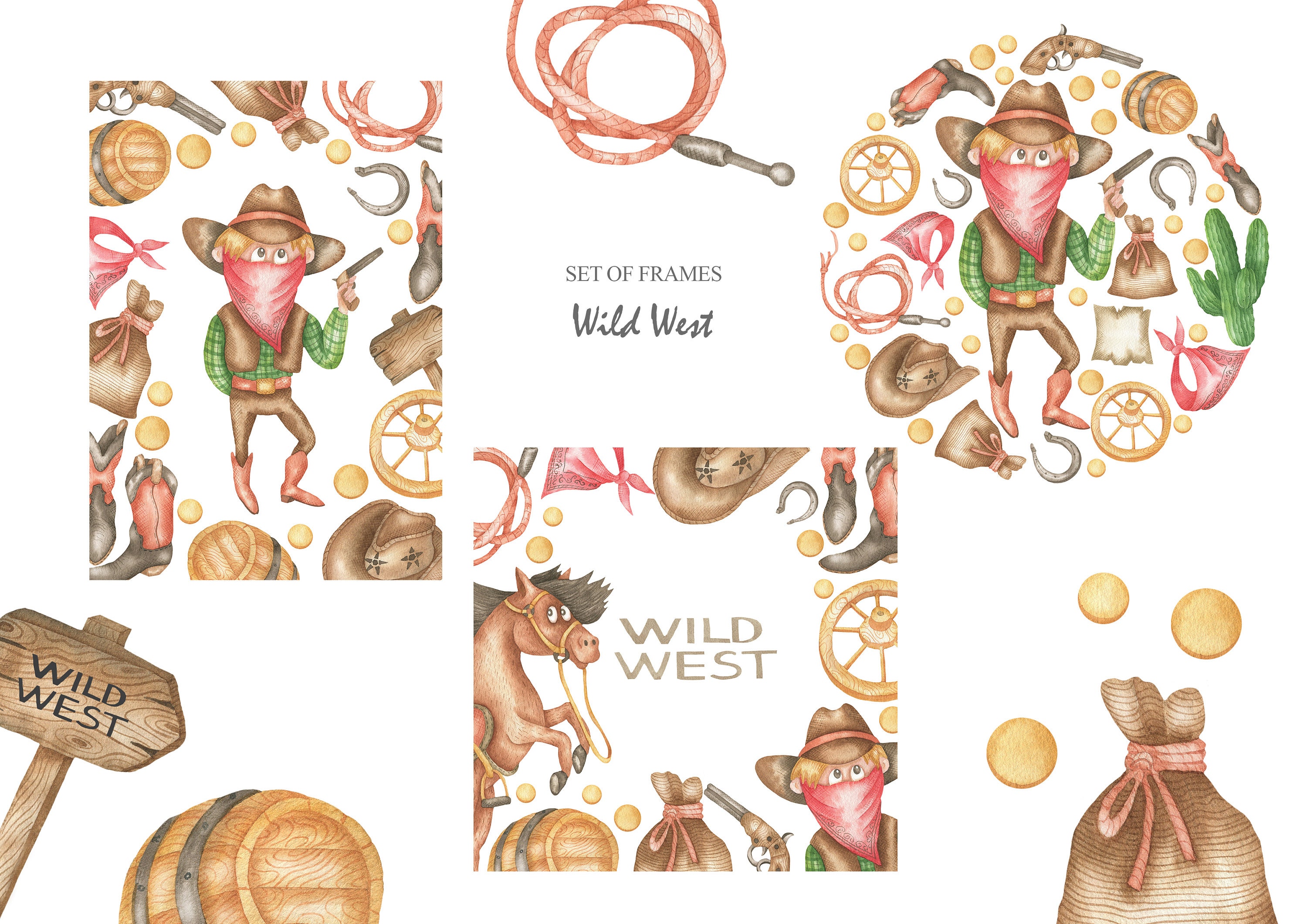 Watercolor Western Clipart, Cowboy Clip Art, Wild West Horse, Bandana ...