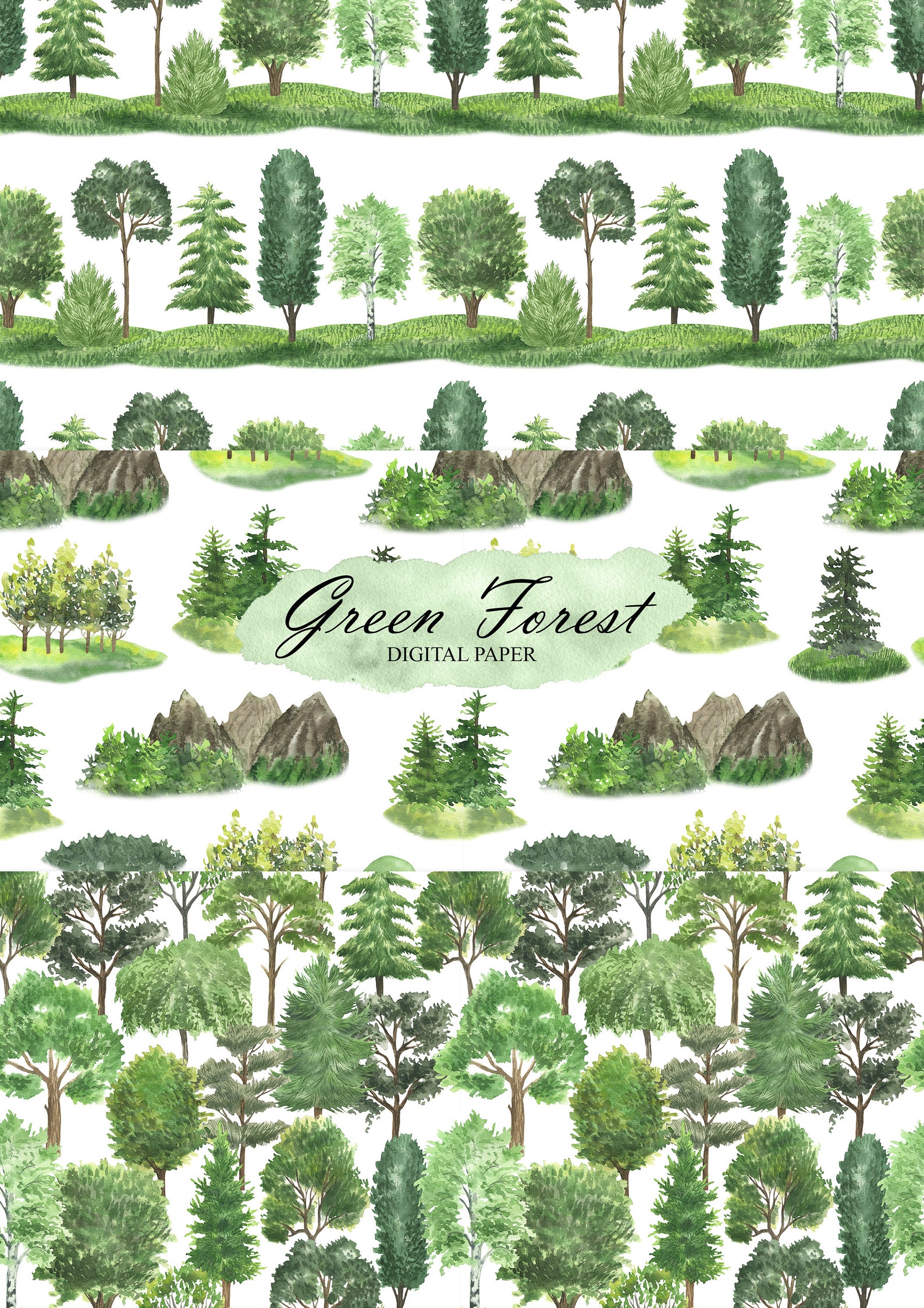 Green Forest Digital Paper, Watercolor Woodland Pine Trees Landscapes ...