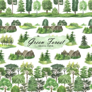 Green Forest Digital Paper, Watercolor Woodland Pine Trees Landscapes ...