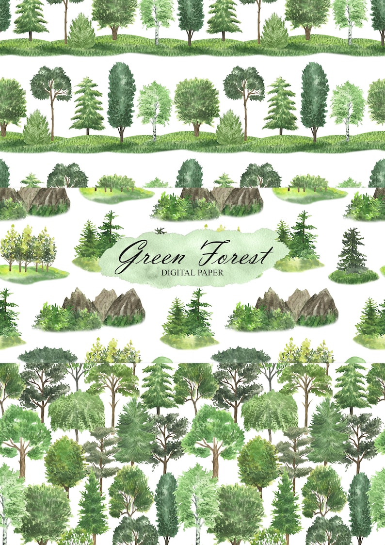 Watercolor Green Forest Digital Paper, Woodland Scrapbook Patterns (JPG ...
