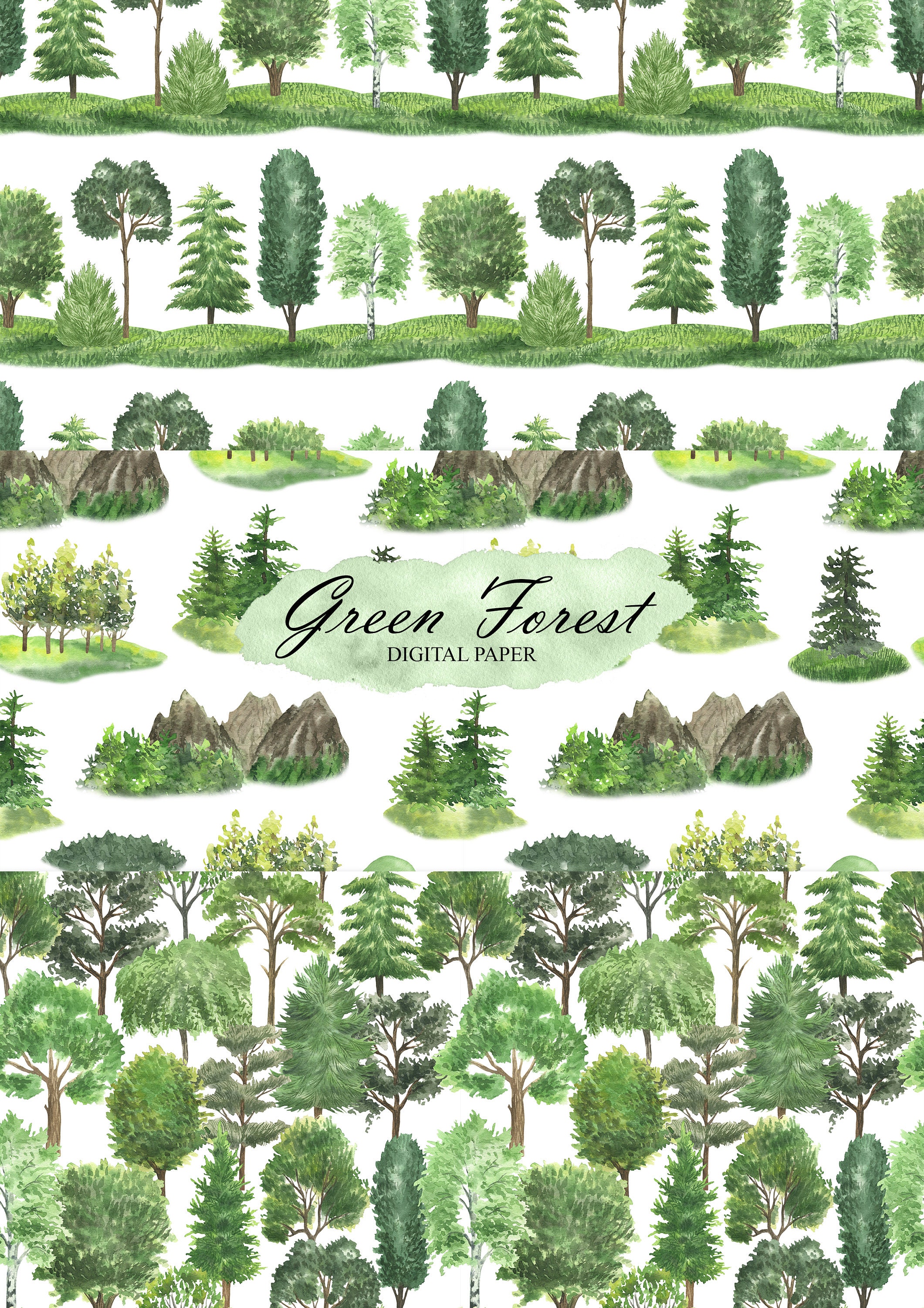 Green Forest Digital Paper, Watercolor Woodland Pine Trees Landscapes ...