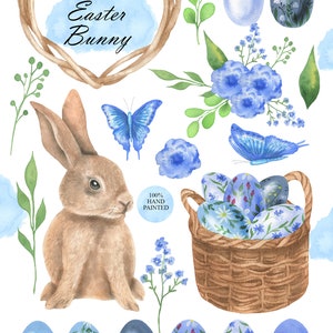 Watercolor Easter Bunny and Basket Clipart, Spring Bunnies, Set of ...