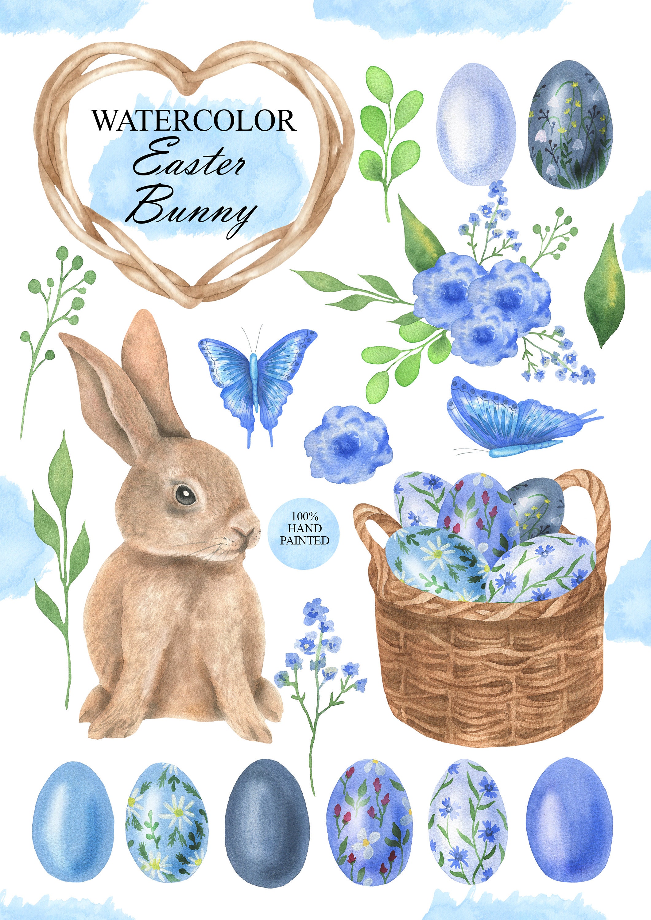 Watercolor Easter Bunny and Basket Clipart, Spring Bunnies, Set of ...