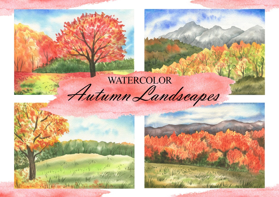 Watercolor Autumn Landscape Clipart, Fall Forest Clip Art, Autumn Scene ...