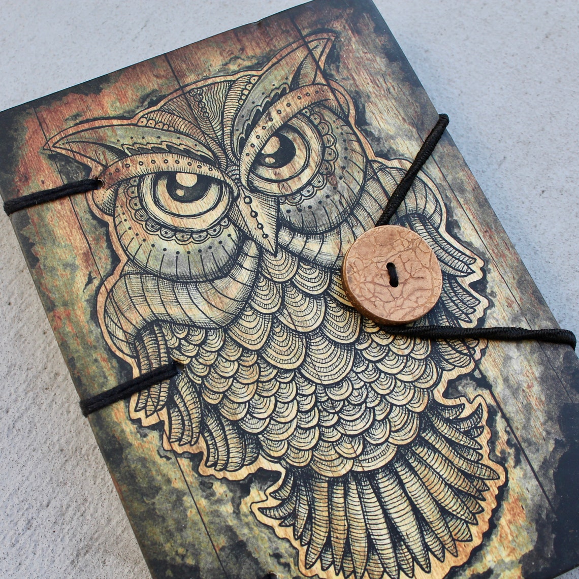 Handmade Hard Cover Owl Journal - Big Owls, Rope Closure Antique Style ...
