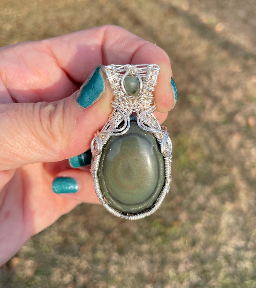 Silver Obsidian and Emerald Matrix- Wire Wrapped Pendant and Necklace ...