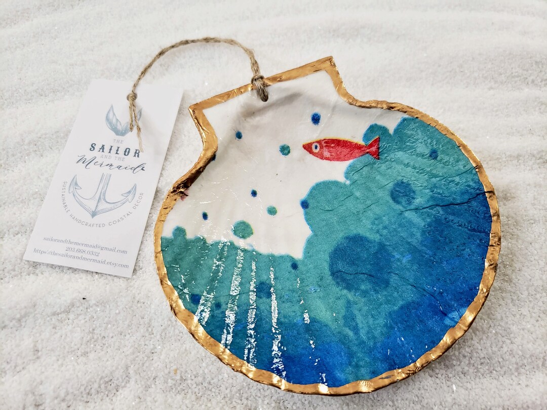 Decoupage Scallop Shell Ornament Trinket Ring Dish, Large English ...