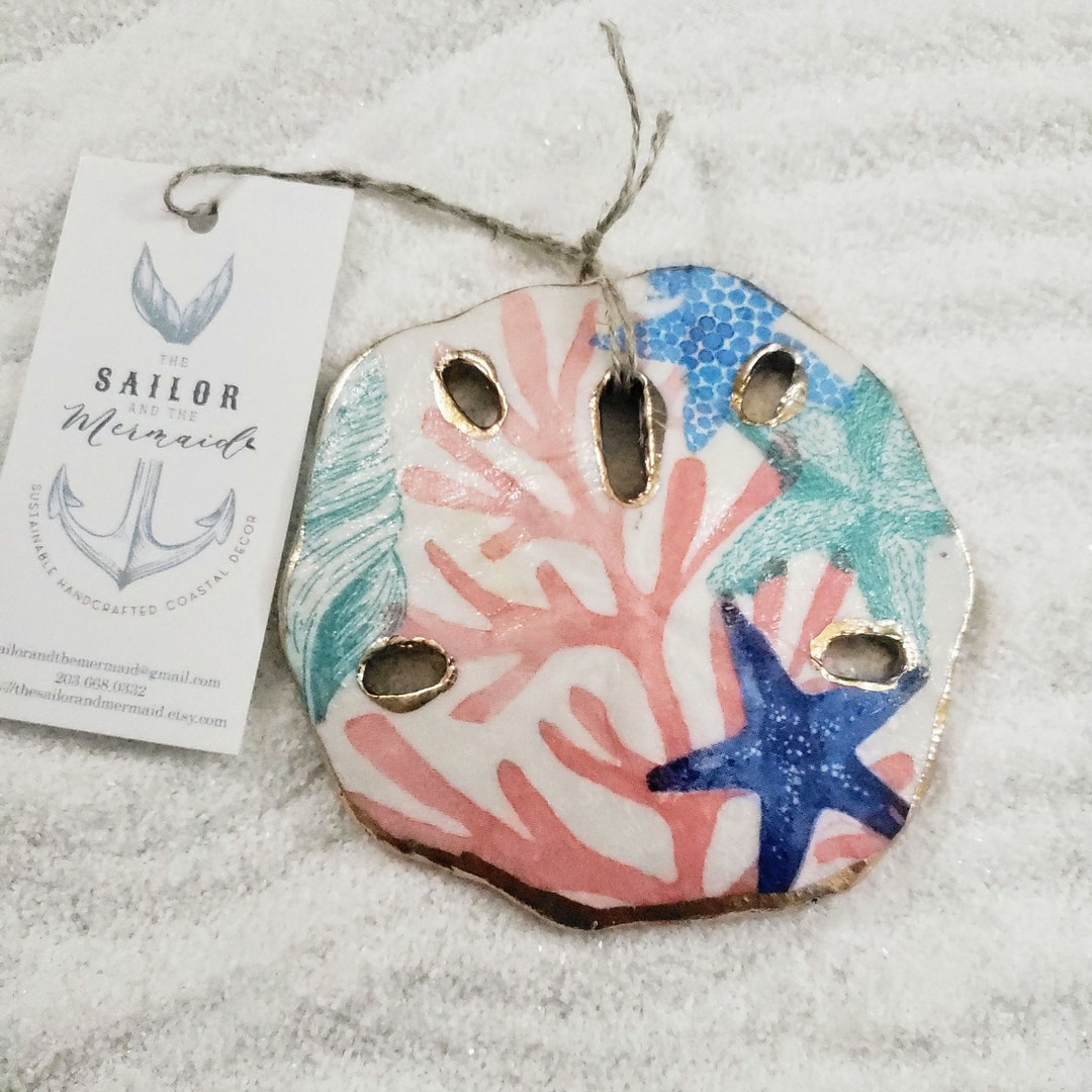 Decoupage Sand Dollar Ornament With Pastel Coral Reef, Ceramic Resin ...