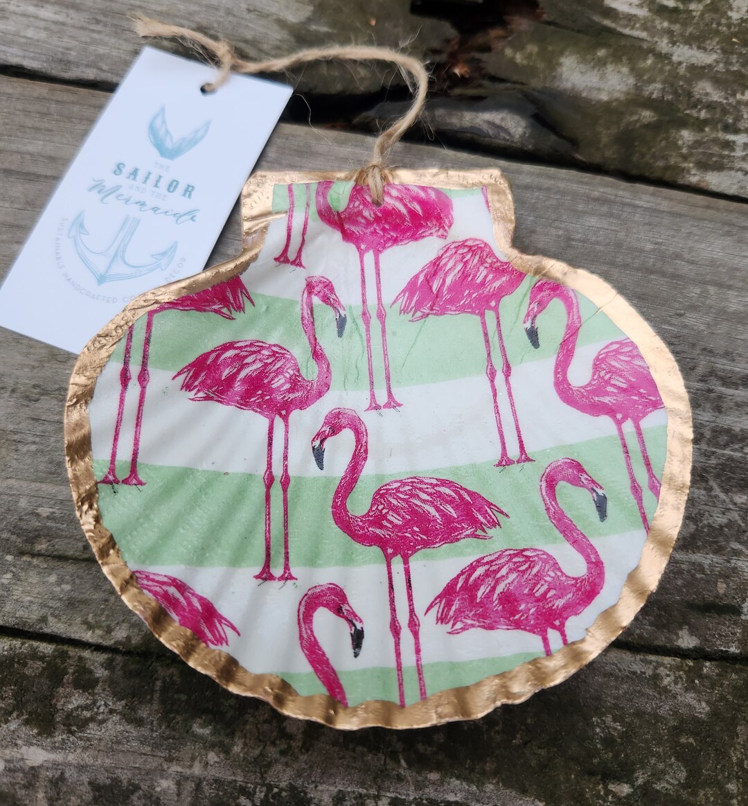 NEW! Decoupage Pink Flamingo Pattern Real English Scallop Christmas ...