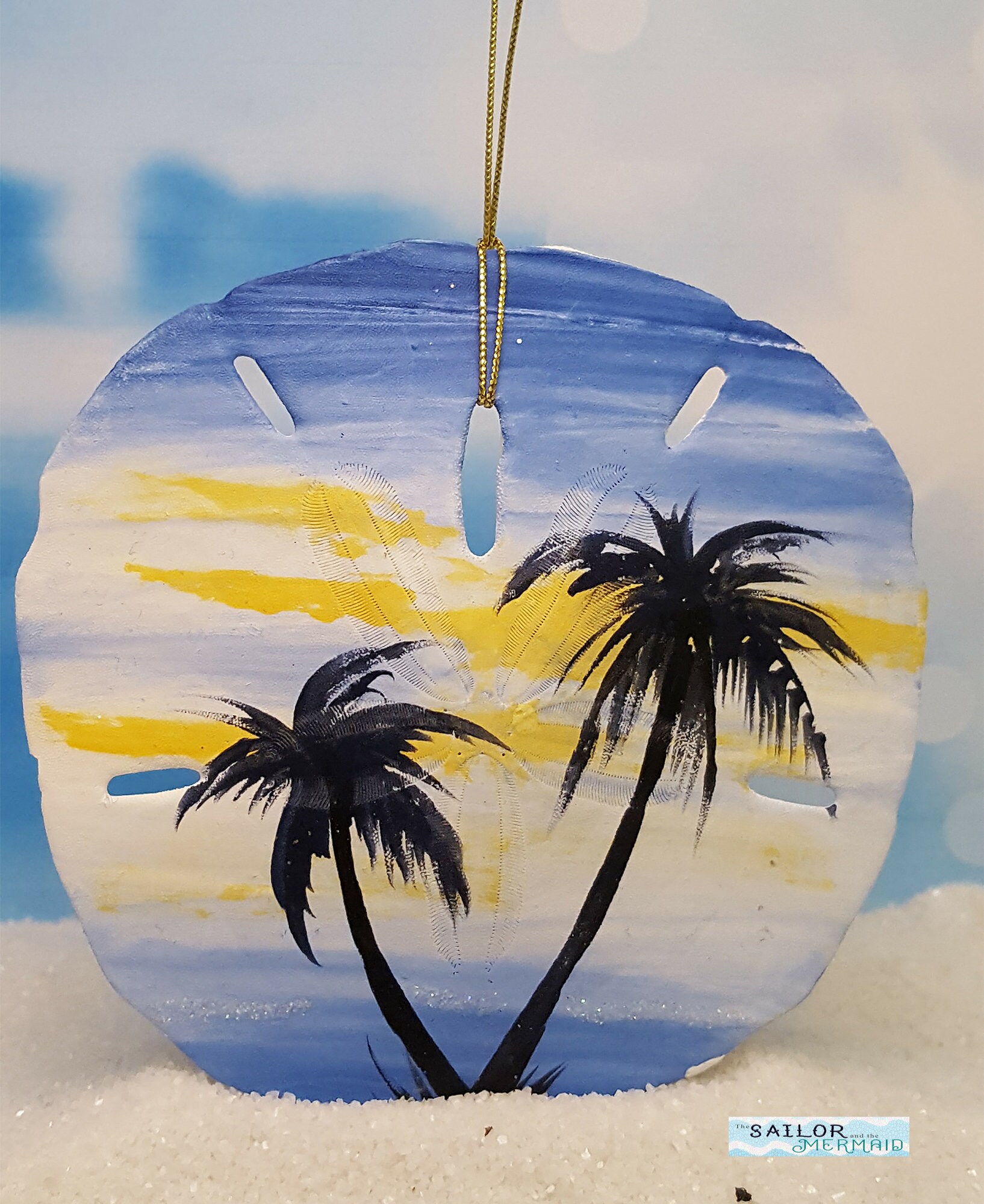 Real Sand Dollar, Hand Painted Blue and Yellow Sunset Beach Scene ...