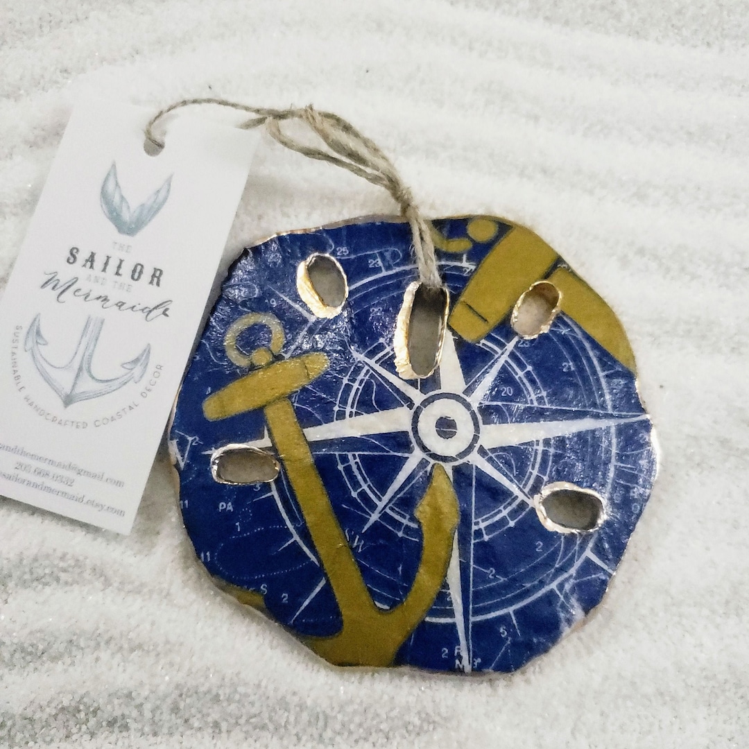 Decoupage Compass and Anchor Sand Dollar Ornament, Ceramic Resin Sand ...