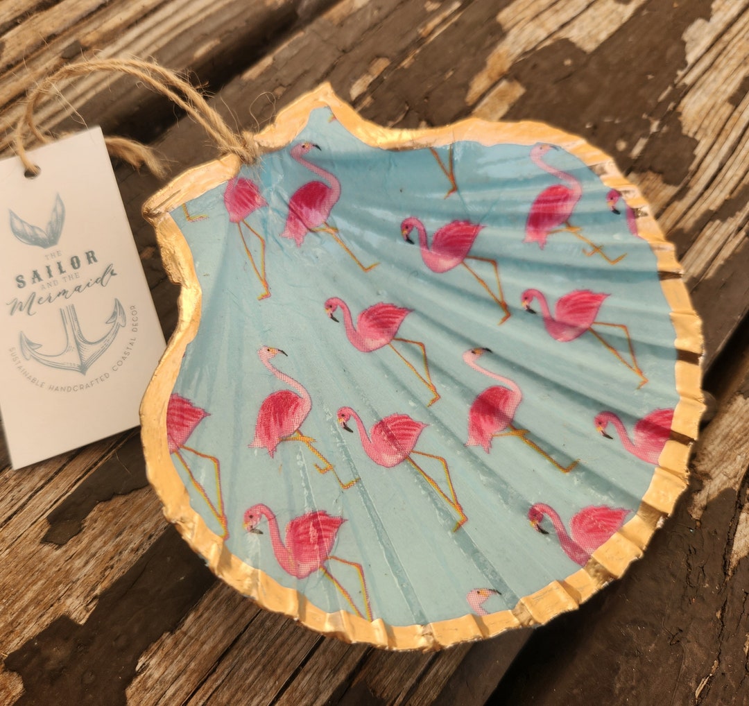 Pink Flamingos on Blue Decoupage Scallop Ornament or Trinket Ring Dish ...