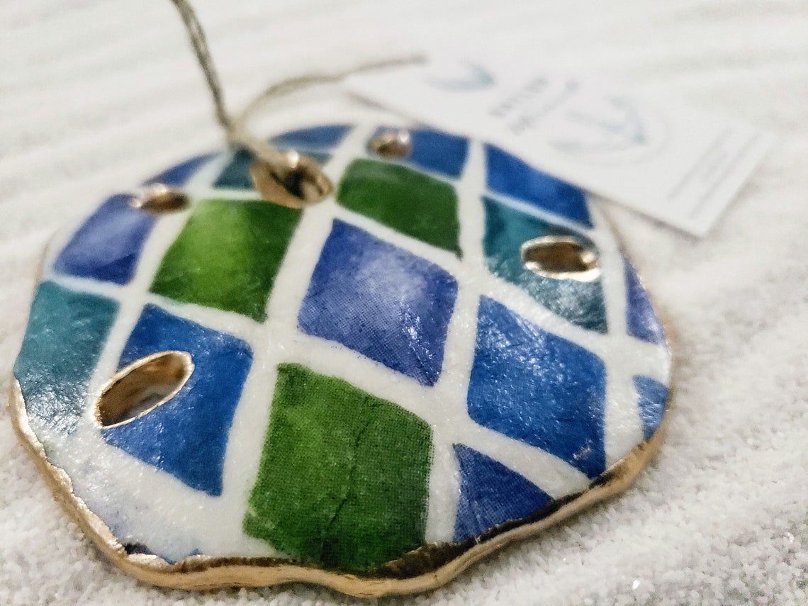 Decoupage Blue Green Diamond Mermaid Sand Dollar Ornament | Etsy