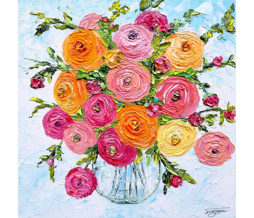 Ranunculus Painting Floral Original Art Impasto Oil Painting 12x12 ...