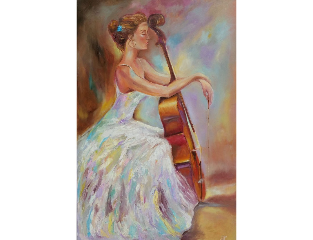 Cellist Painting People Original Art Oil Large Canvas 36x24 Girl Cello ...