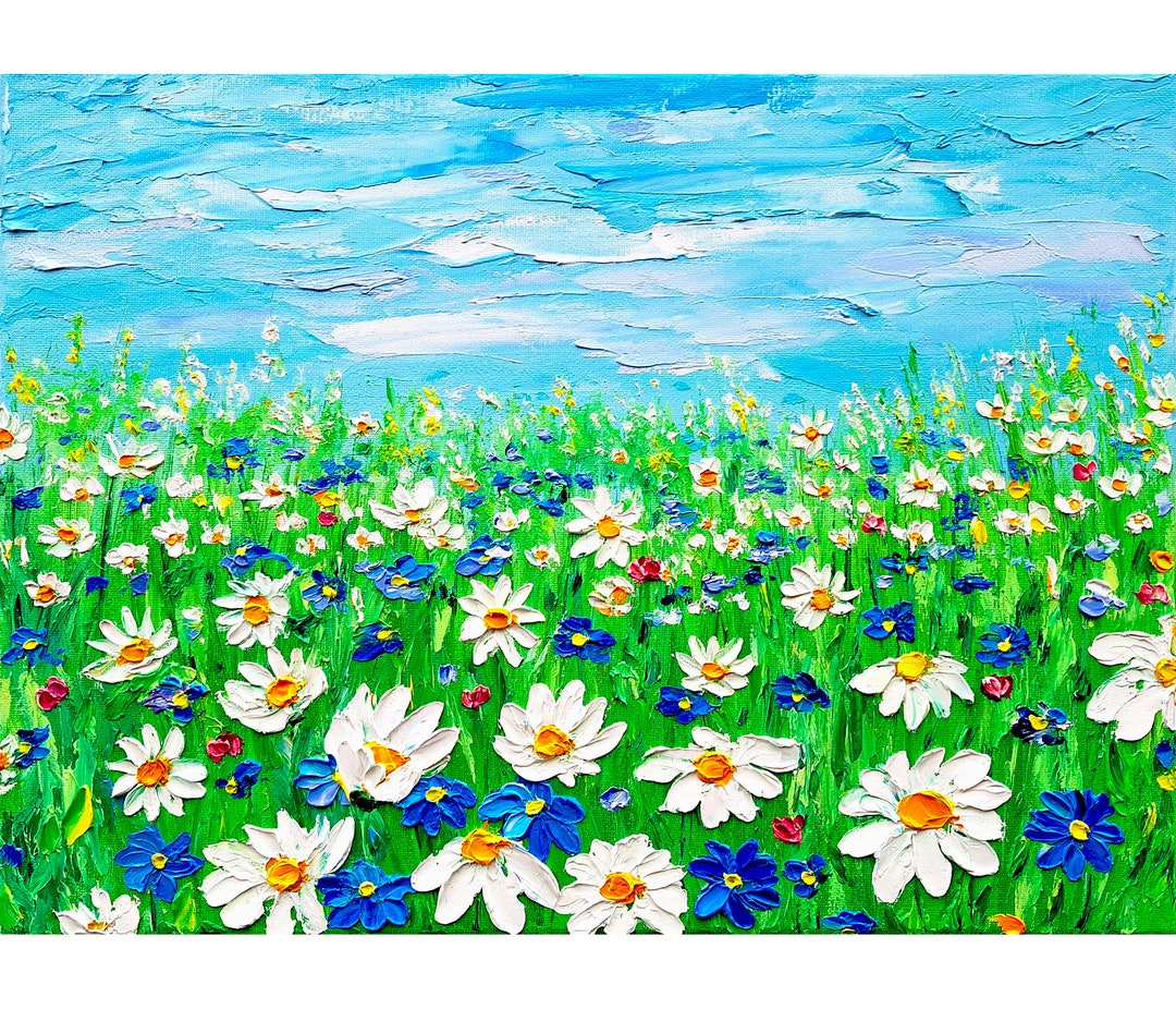 Wildflowers Painting Daisy Original Art Impasto Oil Painting 12x16 Canvas Flower Meadow ...