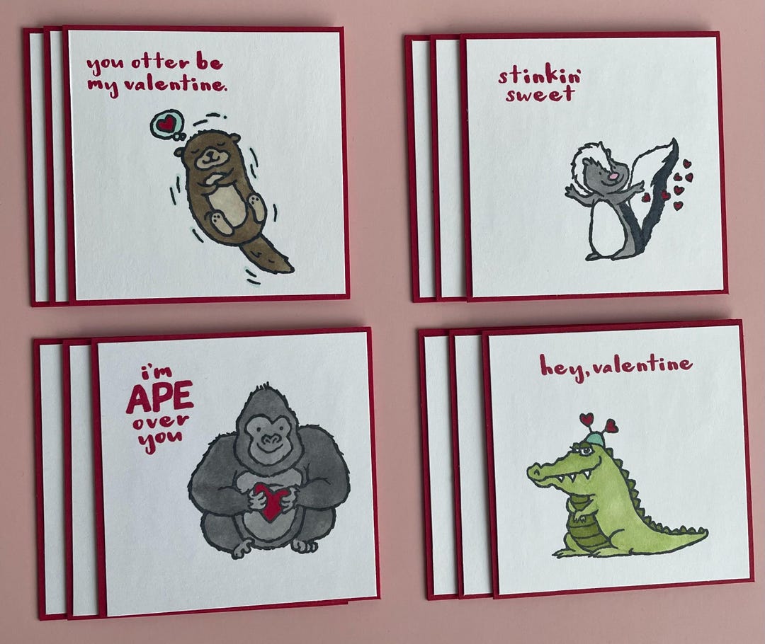 Handmade Kids Valentines Cards: Animal Pun Classroom Cards - Set of 12 ...