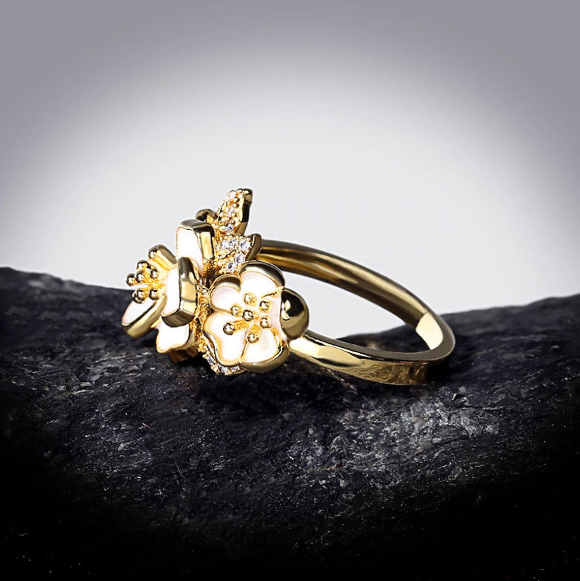 S925 Sterling Silver Gold Plated Floral Ring With Charming - Etsy
