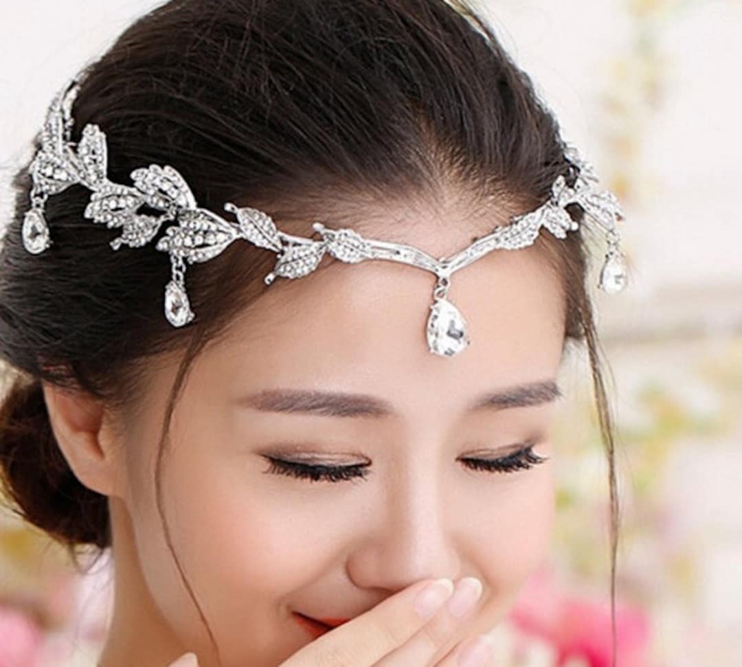 Rhinestone Tiaratear Drop Forehead Tiara Rose Gold Bridal Etsy