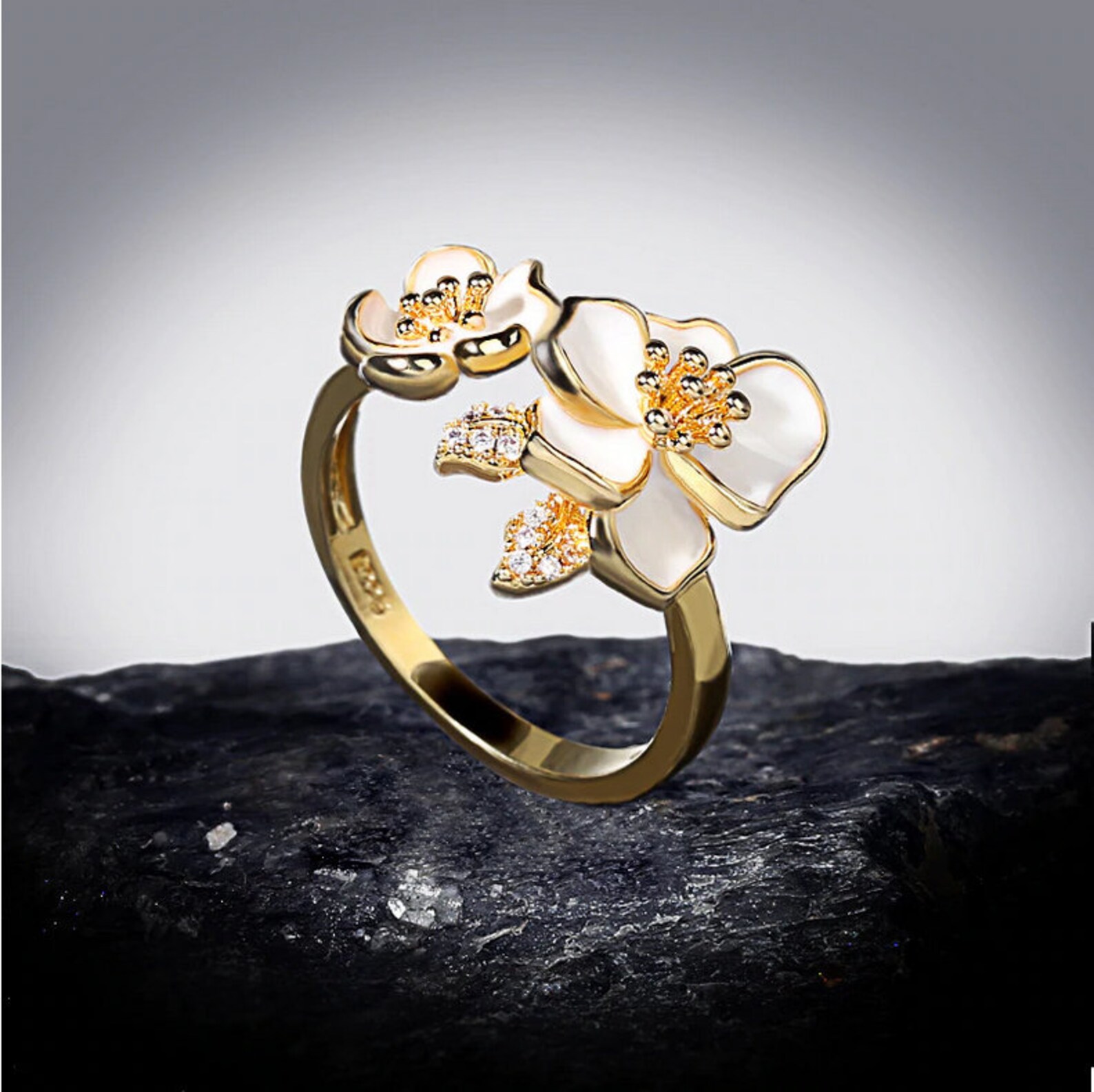 S925 Sterling Silver Gold Plated Floral Ring With Charming - Etsy