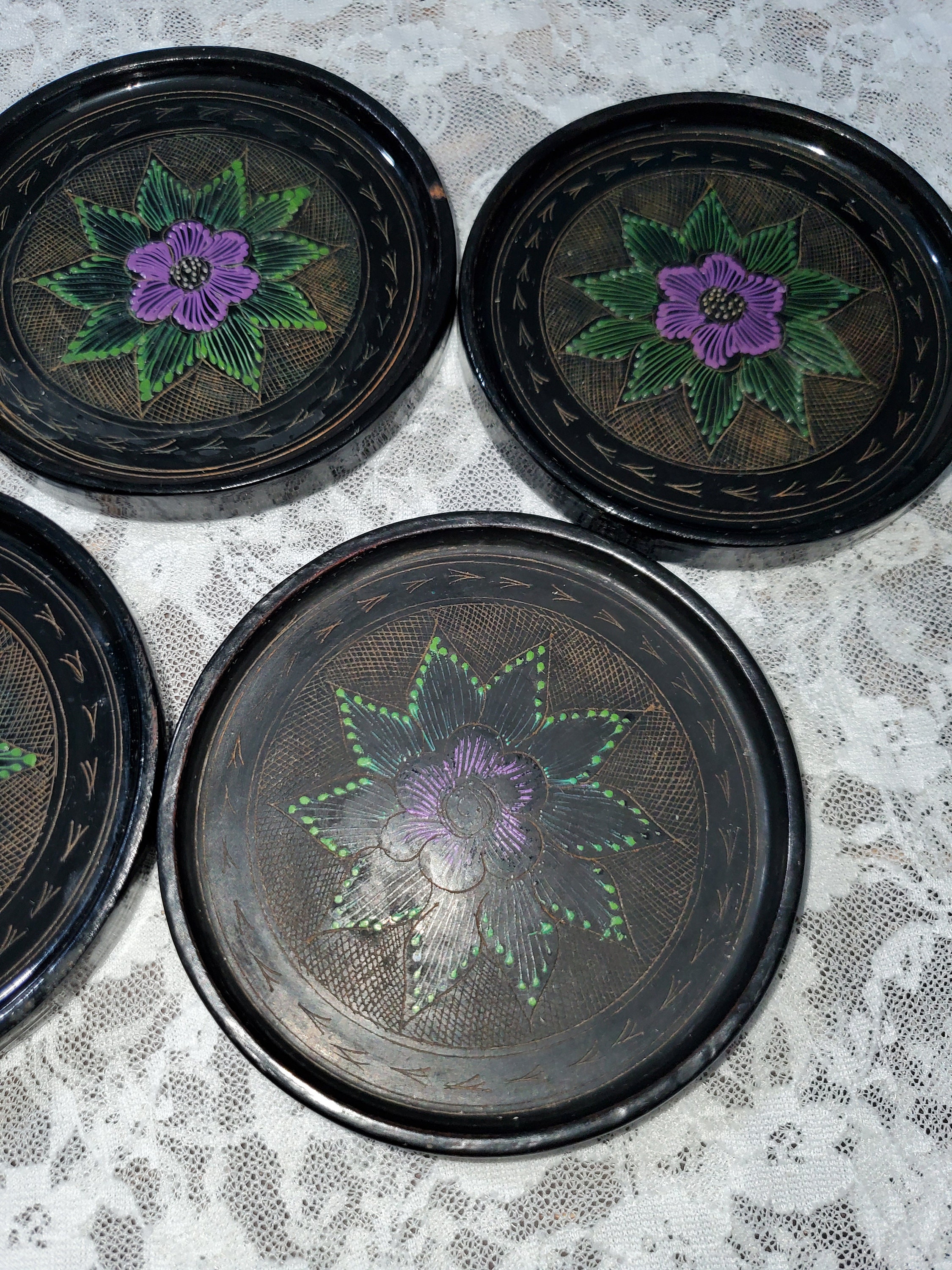 6 Floral Coaster Black Round Beautiful Durable Thai Lacquer Ware ...